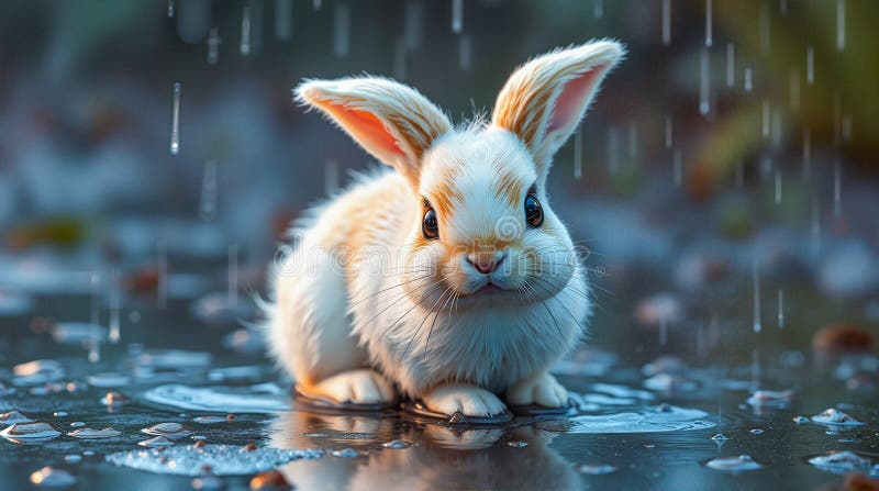 Cute Rabbit Sitting in the Rain on a Reflective Surface Stock Photo ...
