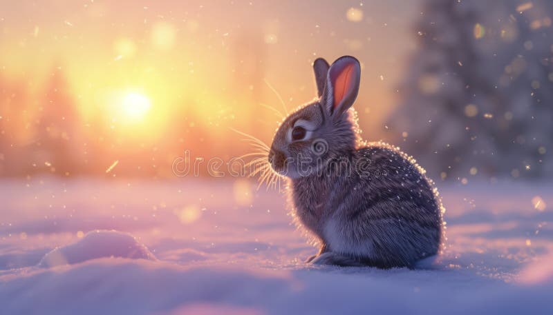 Cute Rabbit Sitting in Snow, Looking at Sunset Stock Illustration ...