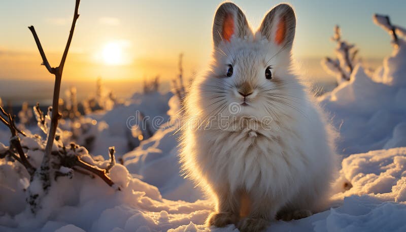 Cute Rabbit Sitting in Snow, Looking at Sunset Generated by AI Stock ...