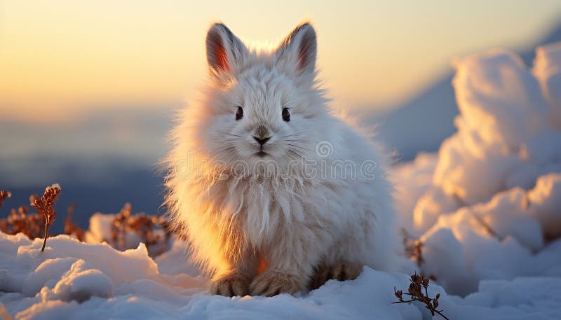 Cute Rabbit Sitting in Snow, Looking at Sunset Generated by AI Stock ...