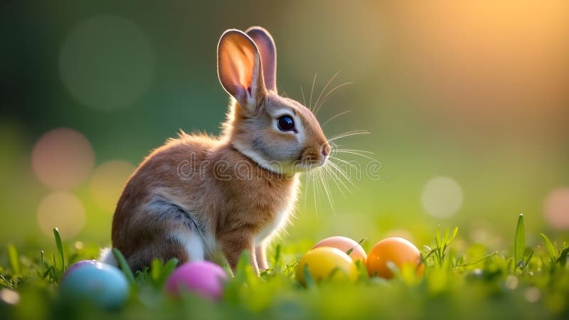 Cute Rabbit Sitting in a Sunny Meadow Surrounded by Colorful Easter ...