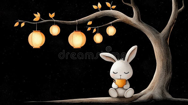 Cute Rabbit Sitting Under Tree with Lanterns, Holding Cup in a ...