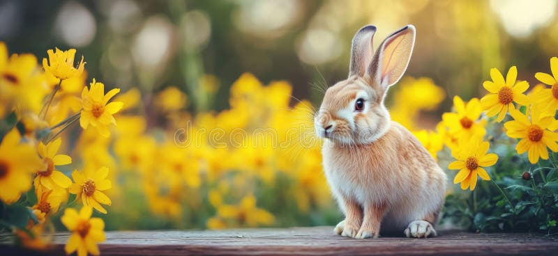 Cute Rabbit Sitting among Vibrant Yellow Flowers in a Sunny Garden ...
