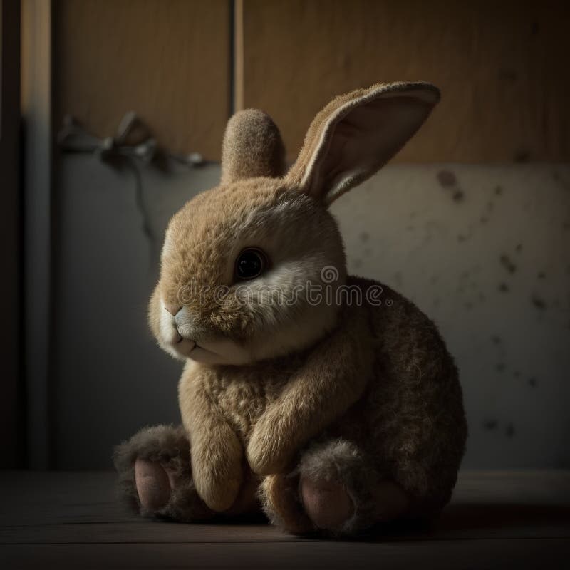 Cute Rabbit Sitting on the Wooden Floor in the Dark Room. Stock ...