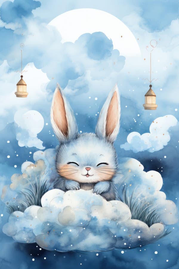 Cute Rabbit Sleeping on a Cloud Watercolor Drawing. Generative AI Stock ...