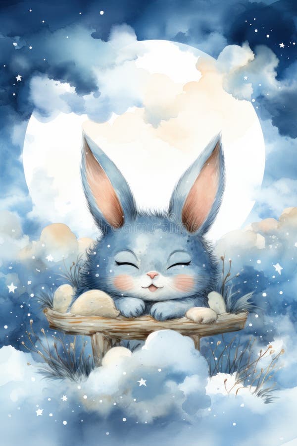 Cute Rabbit Sleeping on a Cloud Watercolor Drawing. Generative AI Stock ...