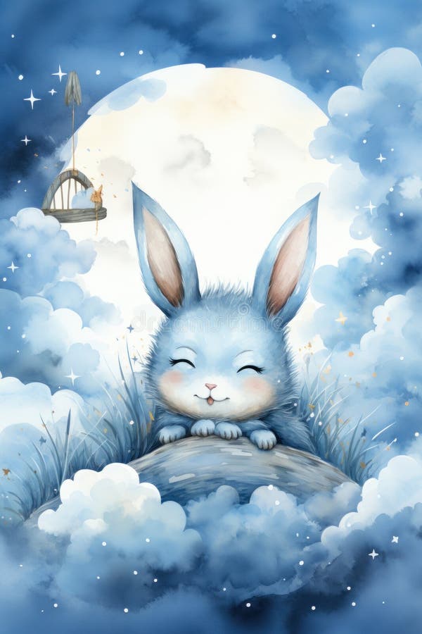 Cute Rabbit Sleeping on a Cloud Watercolor Drawing. Generative AI Stock ...