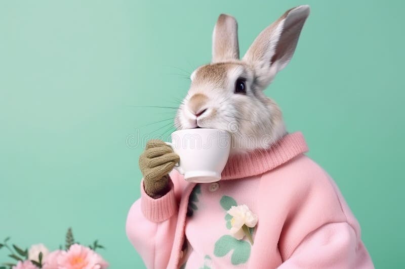A Cute Rabbit in Spring Clothes Drinking Tea or Coffee, Created with ...
