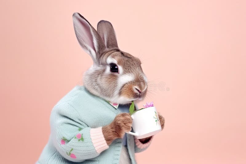 A Cute Rabbit in Spring Clothes Drinking Tea or Coffee, Created with ...