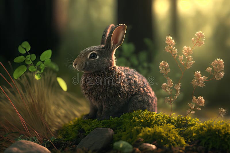 Rabbit in a Spring Forest Scene, Generative Ai Stock Illustration ...