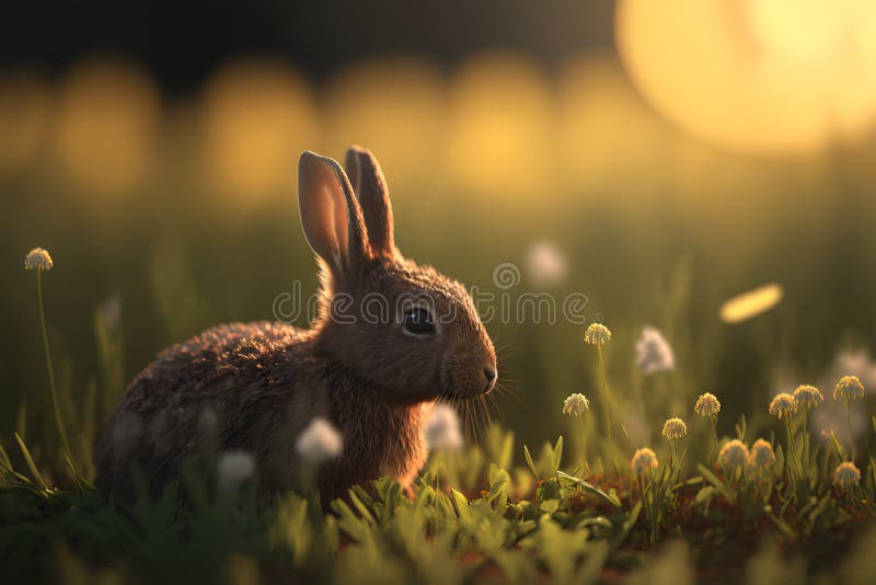 Rabbit in a Spring Meadow Scene, Generative Ai Stock Illustration ...
