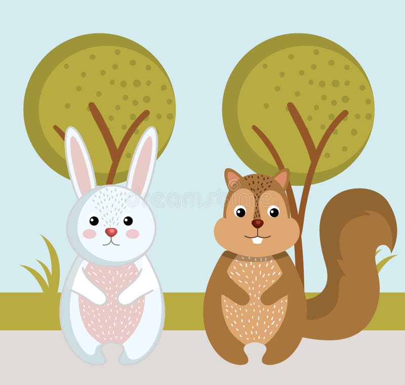 Cute Rabbit and Squirrel Wild Animals Forest Landscape Tree Stock ...