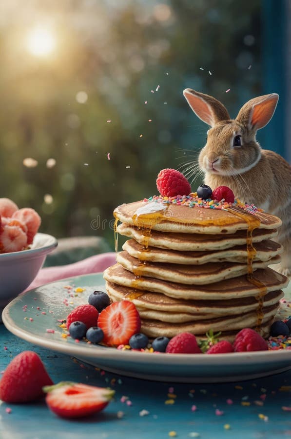 Adorable Bunny Rabbit Enjoying Delicious Pancakes with Berries and ...
