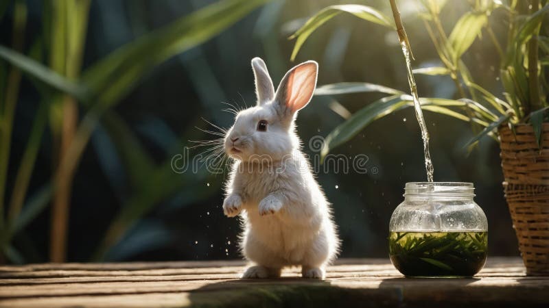Adorable White Bunny Rabbit Standing on Wooden Table Outdoors in ...