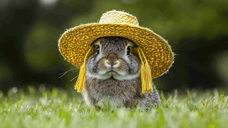 Cute Rabbit with Straw Hat in Green Field Happy Cinco De Mayo Stock ...
