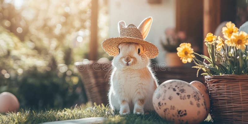 A Cute Rabbit in a Straw Hat Sits beside Colorful Easter Eggs. Stock ...