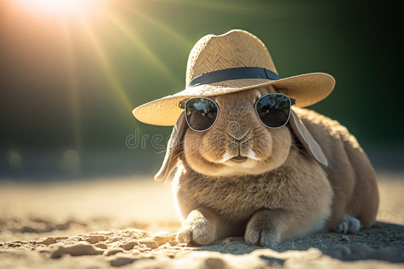Cute Rabbit in Sunglasses and a Summer Hat on the Beach. Photorealistic ...