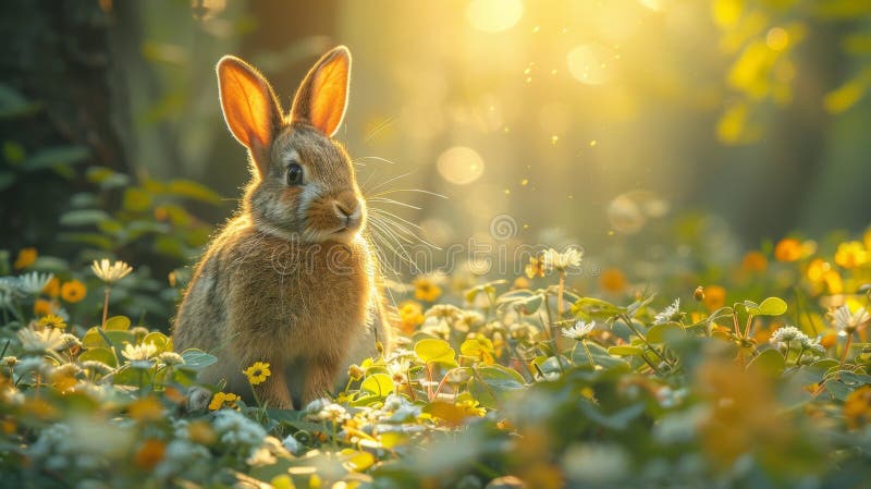 A Cute Rabbit in a Sunlit Meadow - Generative Ai Stock Illustration ...