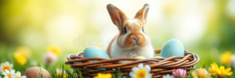 Cute Rabbit Surrounded by Colorful Easter Eggs and Flowers in Sunny ...
