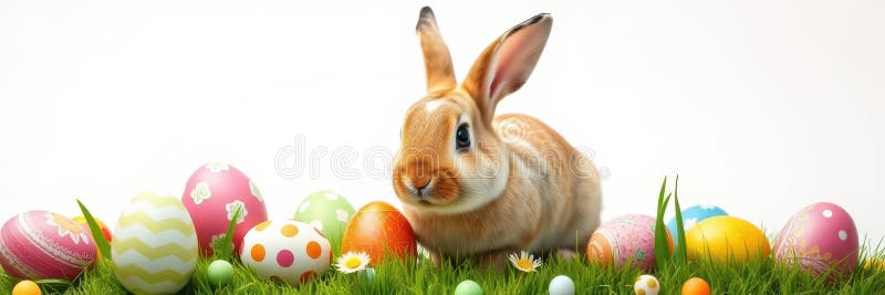 Cute Rabbit Surrounded by Colorful Easter Eggs on a Grassy Surface in a ...