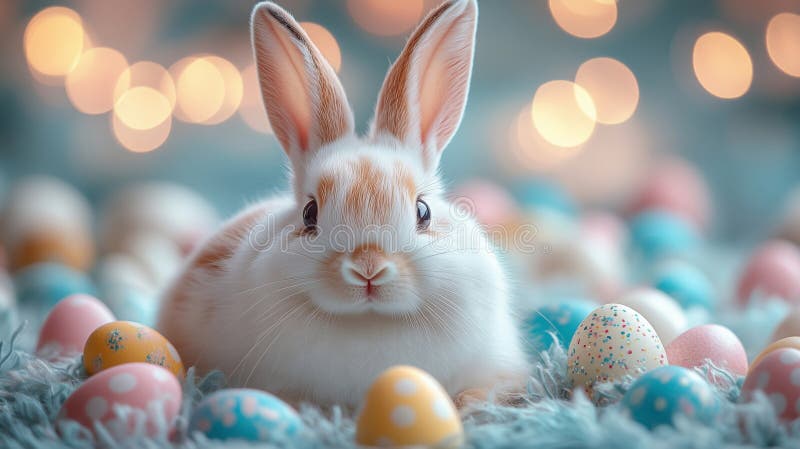 Cute Rabbit Surrounded by Colorful Easter Eggs in Spring Setting Stock ...