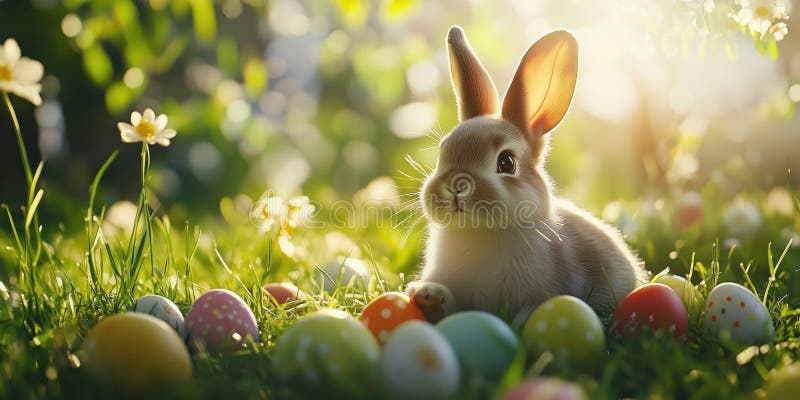Cute Rabbit Surrounded by Colorful Easter Eggs in a Sunny Garden ...