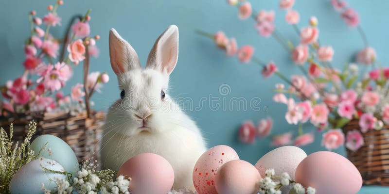 A Cute Rabbit Surrounded by Colorful Easter Eggs and Vibrant Flowers on ...