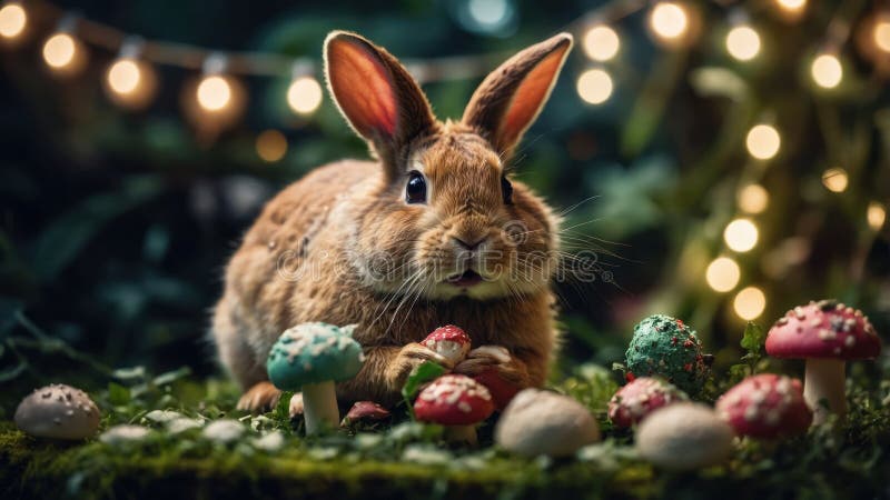 Adorable Brown Rabbit with Decorated Mushrooms in a Magical Forest ...