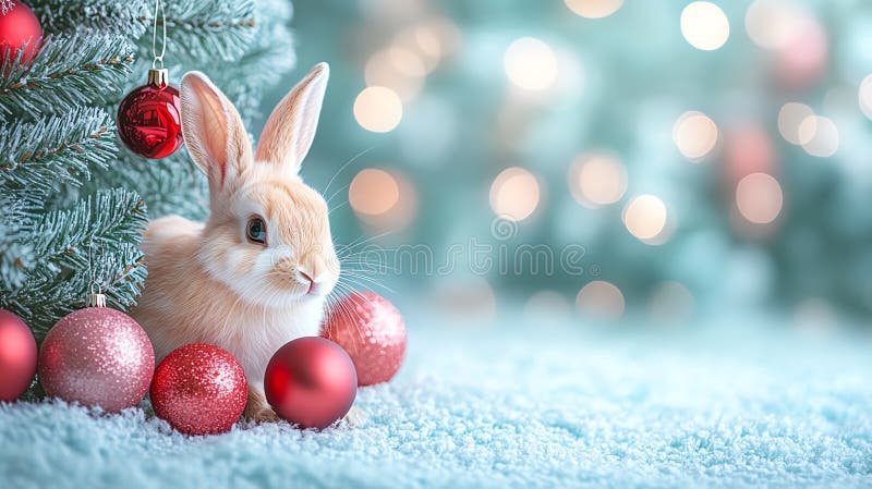 A Cute Rabbit Surrounded by Festive Ornaments Under a Christmas Tree ...