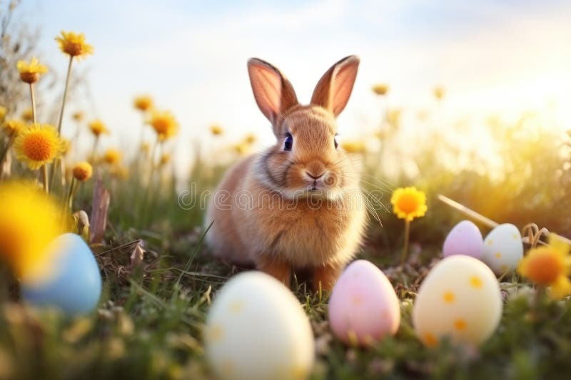 Cute Rabbit Surrounded by Field of Easter Eggs Created with Generative ...