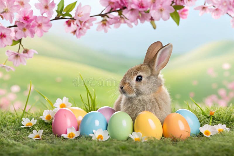 Cute Rabbit Colorful Eggs Surrounded Delicate Blooms Stock Photos ...