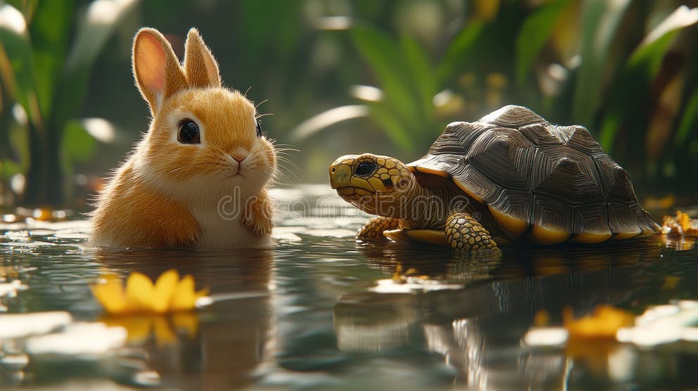 A Cute Rabbit and a Turtle Interact by a Serene Pond Surrounded by ...