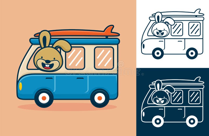 Cute Rabbit on Van Carrying Surfboard. Vector Cartoon Illustration in ...