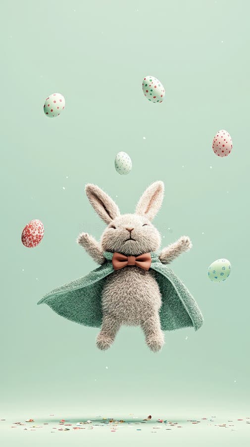 Cute Rabbit Wearing Cape, Joyfully Surrounded by Colorful Easter Eggs ...