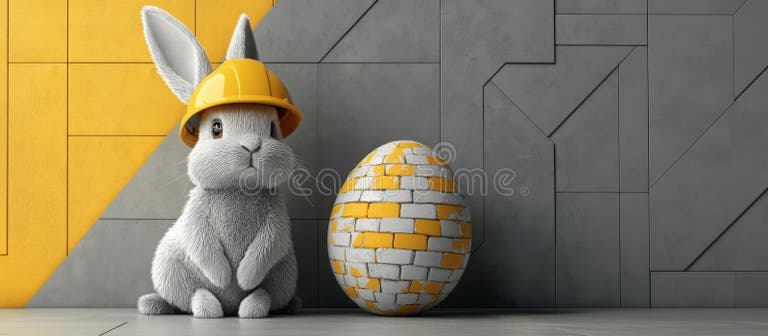 Cute Rabbit Wearing a Construction Hat beside a Painted Textured ...