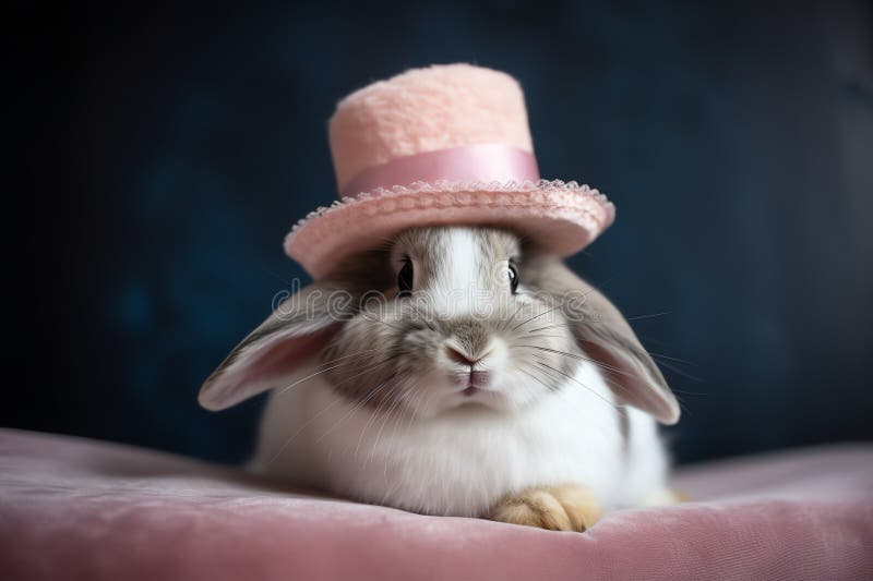 Cute Rabbit Wearing a Pink Hat on a Dark Blue Background. Made with ...
