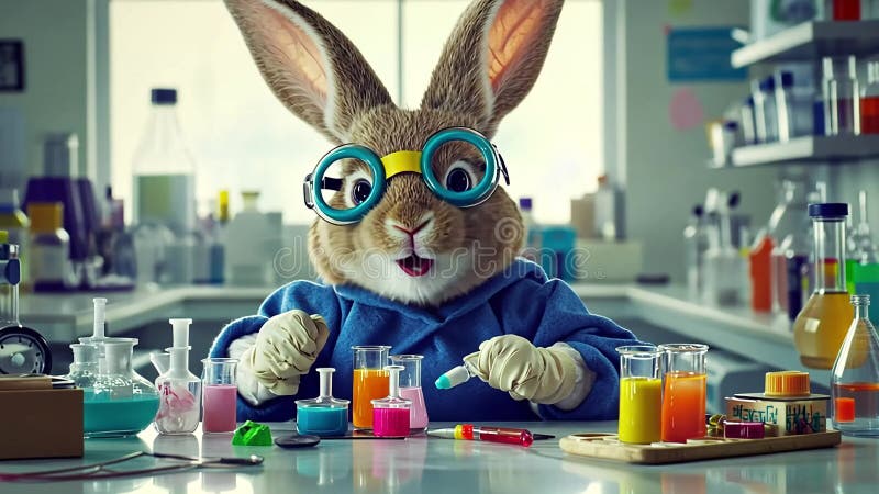 A Cute Rabbit Wearing Protective Eyewear Conducts a Science Experiment ...