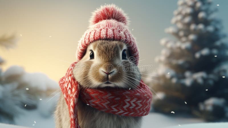 A Rabbit Wearing a Red Scarf and a Red Hat Stock Image - Image of cute ...