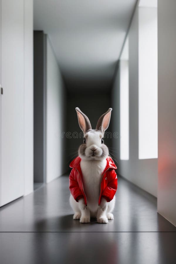 Cute Rabbit Wearing a Red Jacket in a Hallway. Stock Image - Image of ...