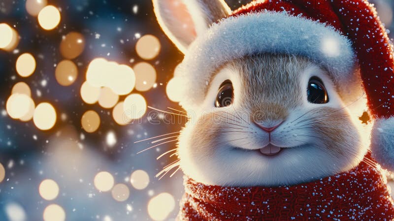 Cute Rabbit Wearing Santa Hat and Red Scarf Smiles Joyfully Stock Photo ...