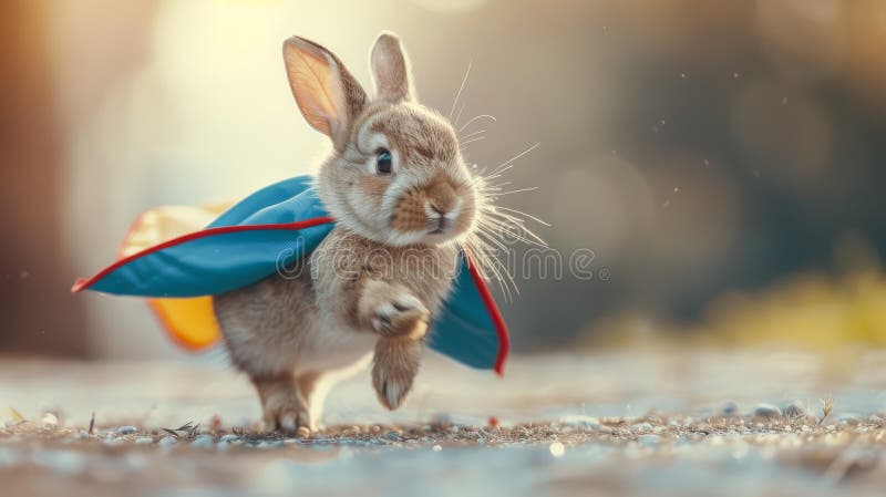 A Cute Rabbit Wearing a Superhero Cape Running Outdoors. Stock Photo ...