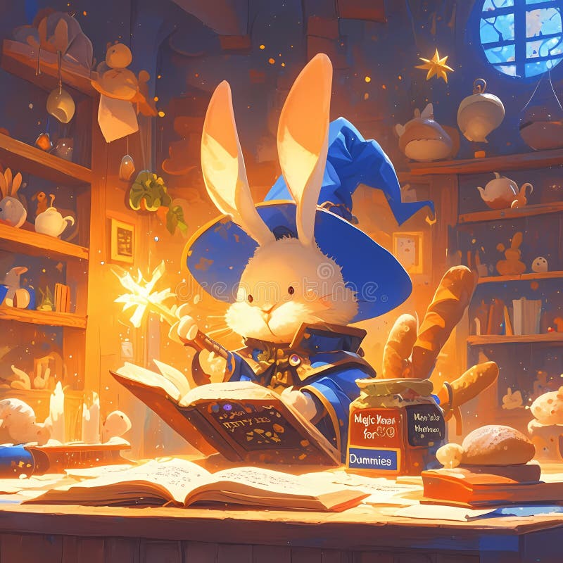 Cute Rabbit Wizard Reading Spellbook Stock Illustration - Illustration ...