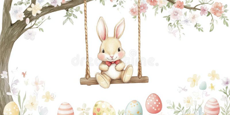 Cute Rabbit on Wooden Swing Surrounded by Colorful Easter Eggs and ...