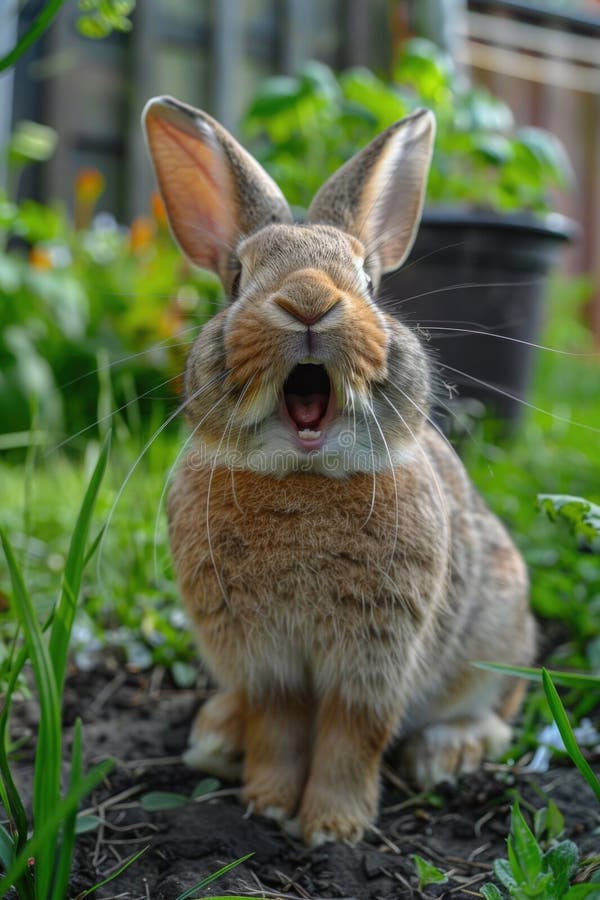 A Cute Rabbit Yawning in the Grass, Perfect for Nature Themes Stock ...