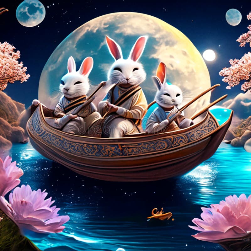 Cute Rabbits in a Boat on the Ocean. 3d Rendering Generative AI Stock ...