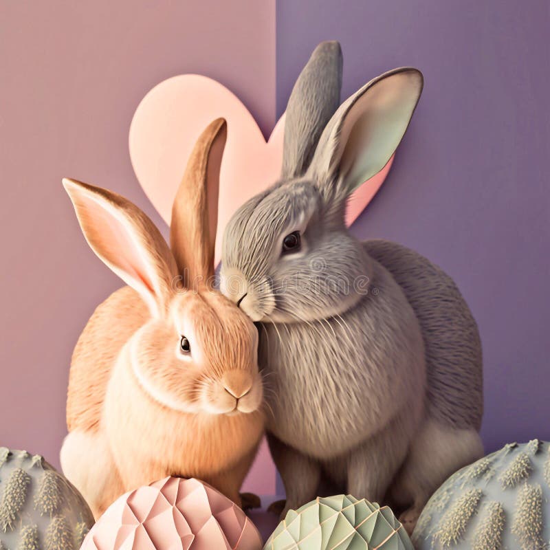 Cute Rabbits Bunnies in Love and Decorated Easter Eggs - Easter Card ...