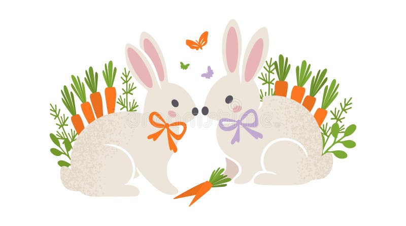 Cute Rabbits with Carrots, Surrounded by Hearts, Greenery, and ...
