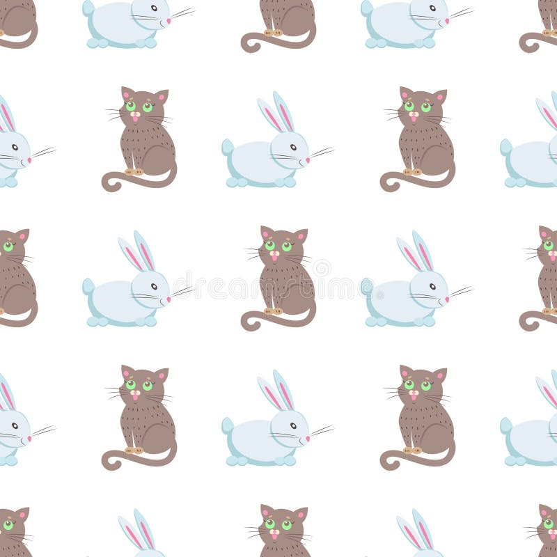 Cute Rabbits and Cat Flat Vector Seamless Pattern Stock Vector ...