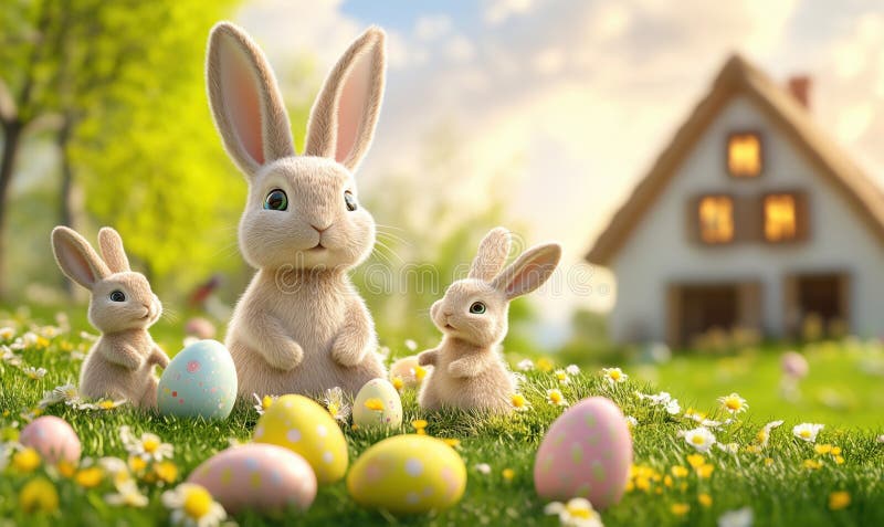 Cute Rabbits Celebrating Easter with Colorful Eggs in a Sunny Garden ...