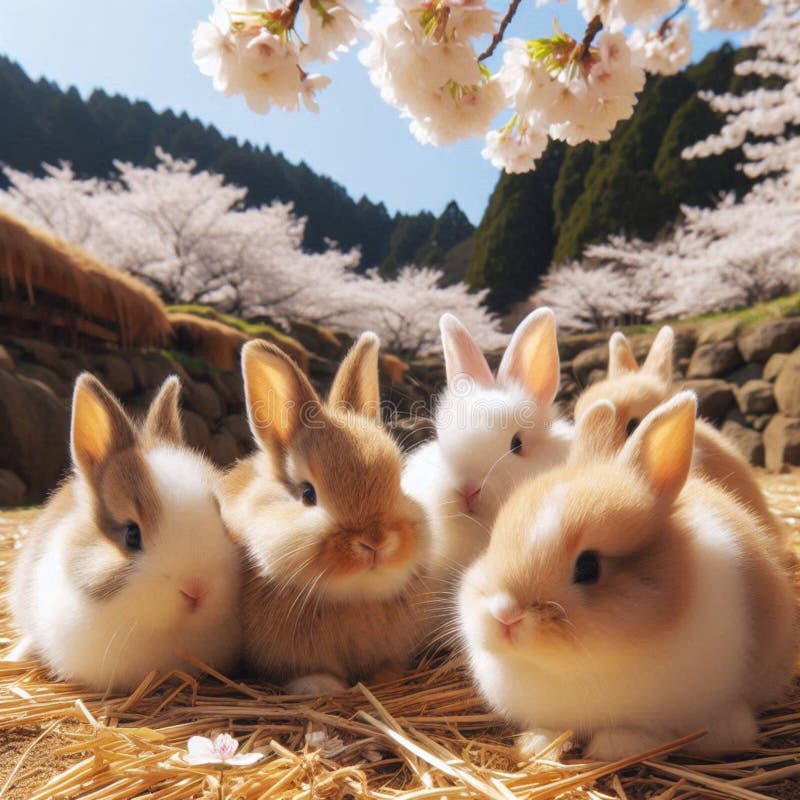 Cute Rabbits with Cherry Blossoms Stock Image - Image of outdoors, cute ...